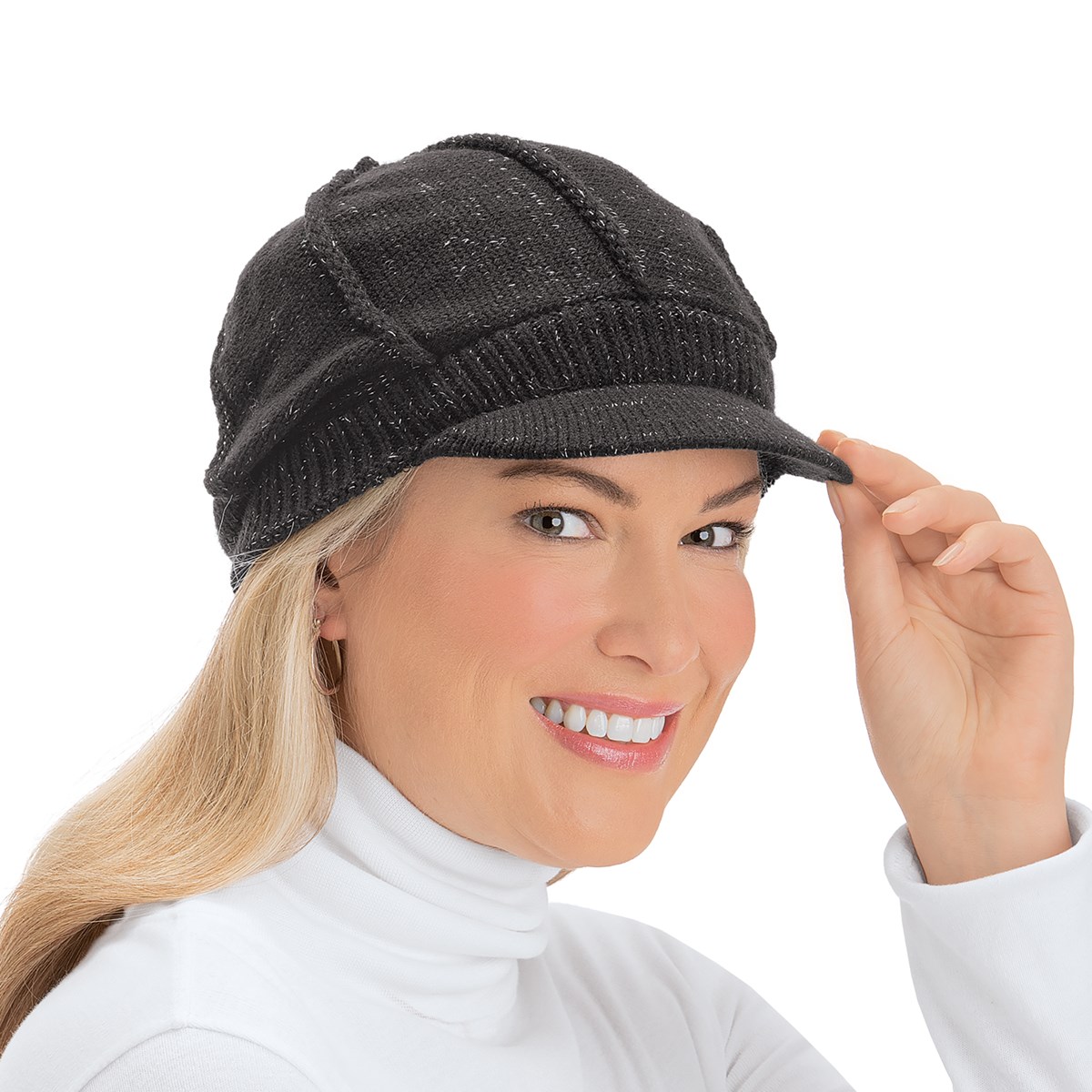 Cable Knit Brimmed Winter Hat with Lurex Threads | Collections Etc.