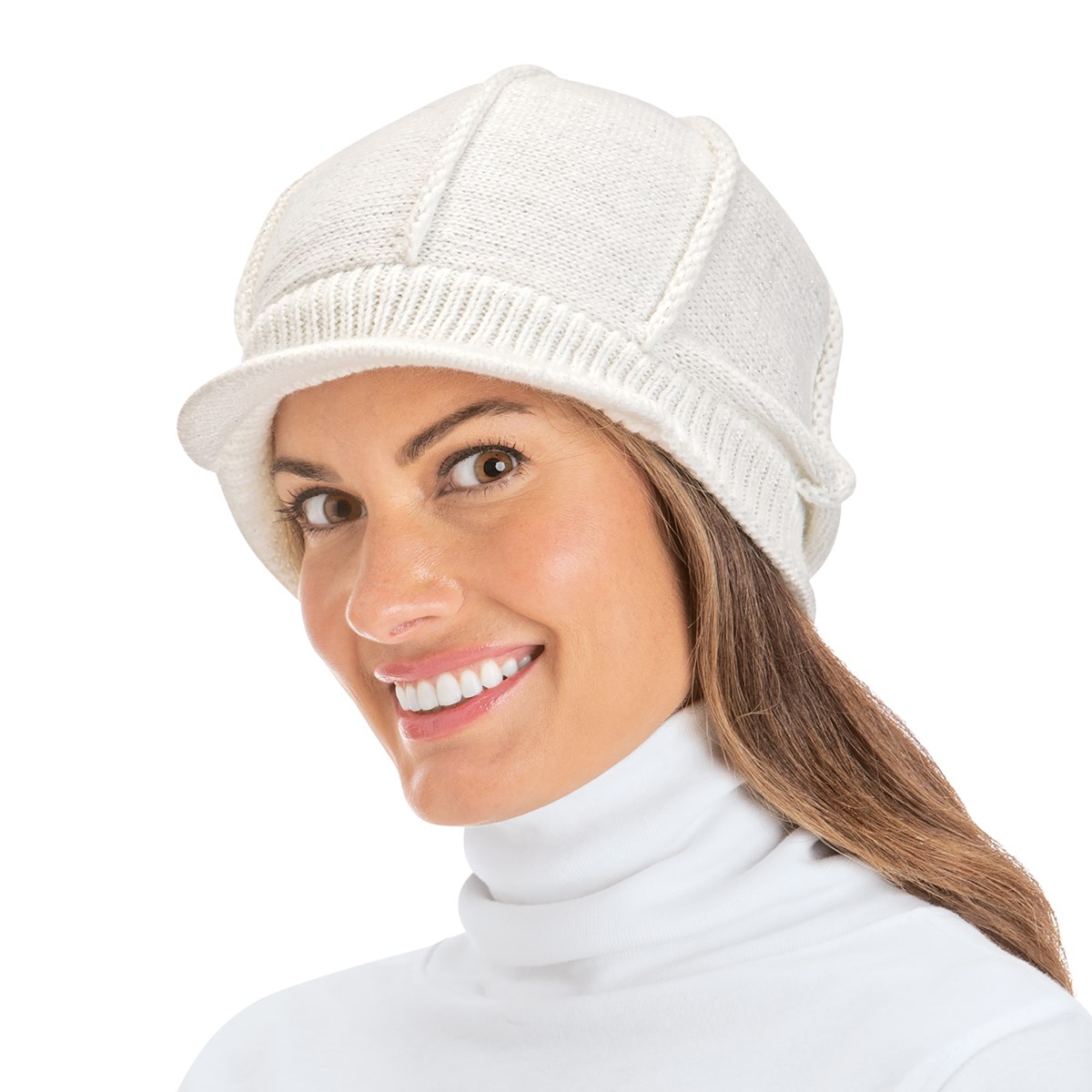 Cable Knit Brimmed Winter Hat with Lurex Threads | Collections Etc.