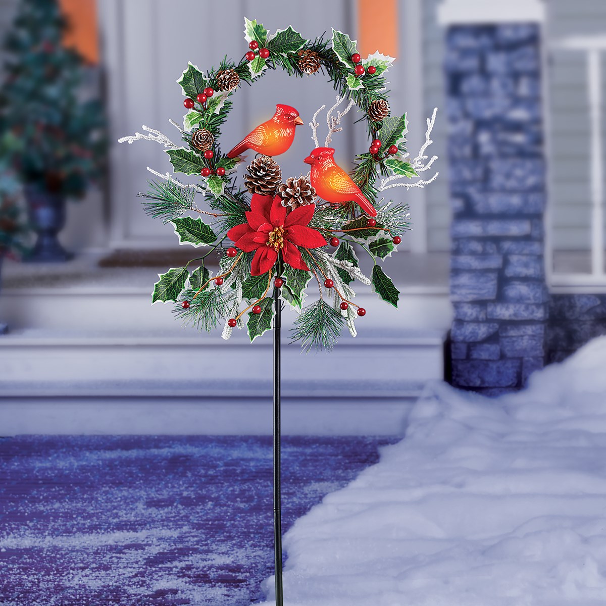Solar Cardinals Christmas Floral Wreath Yard Stake | Collections Etc.