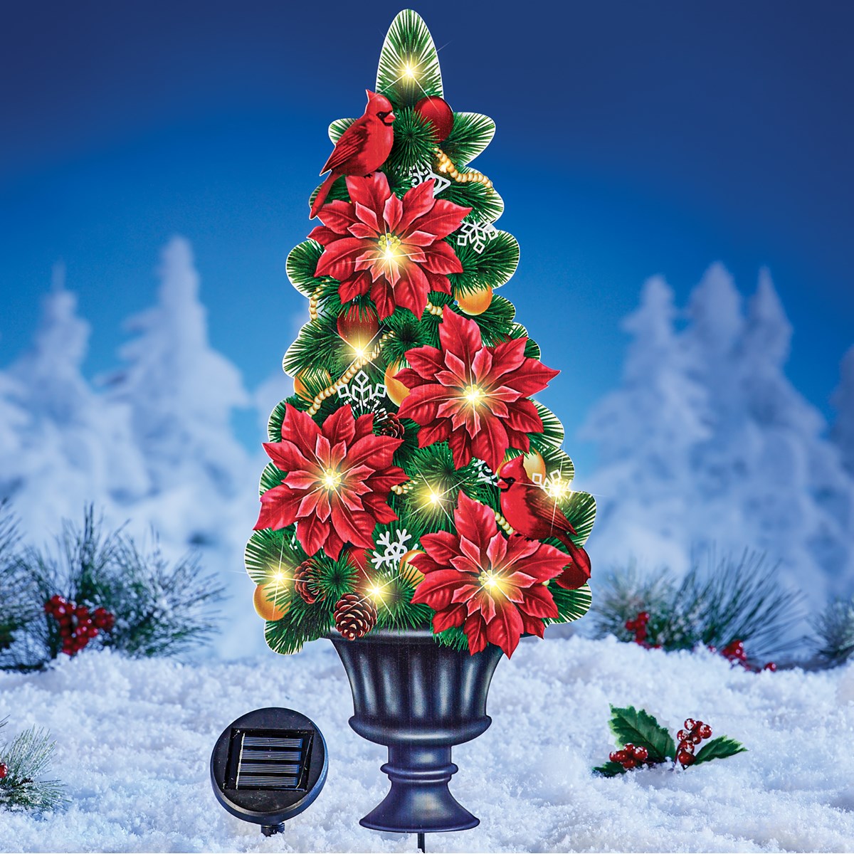 Solar Lighted Poinsettia Metal Topiary Stake Decoration | Collections Etc.