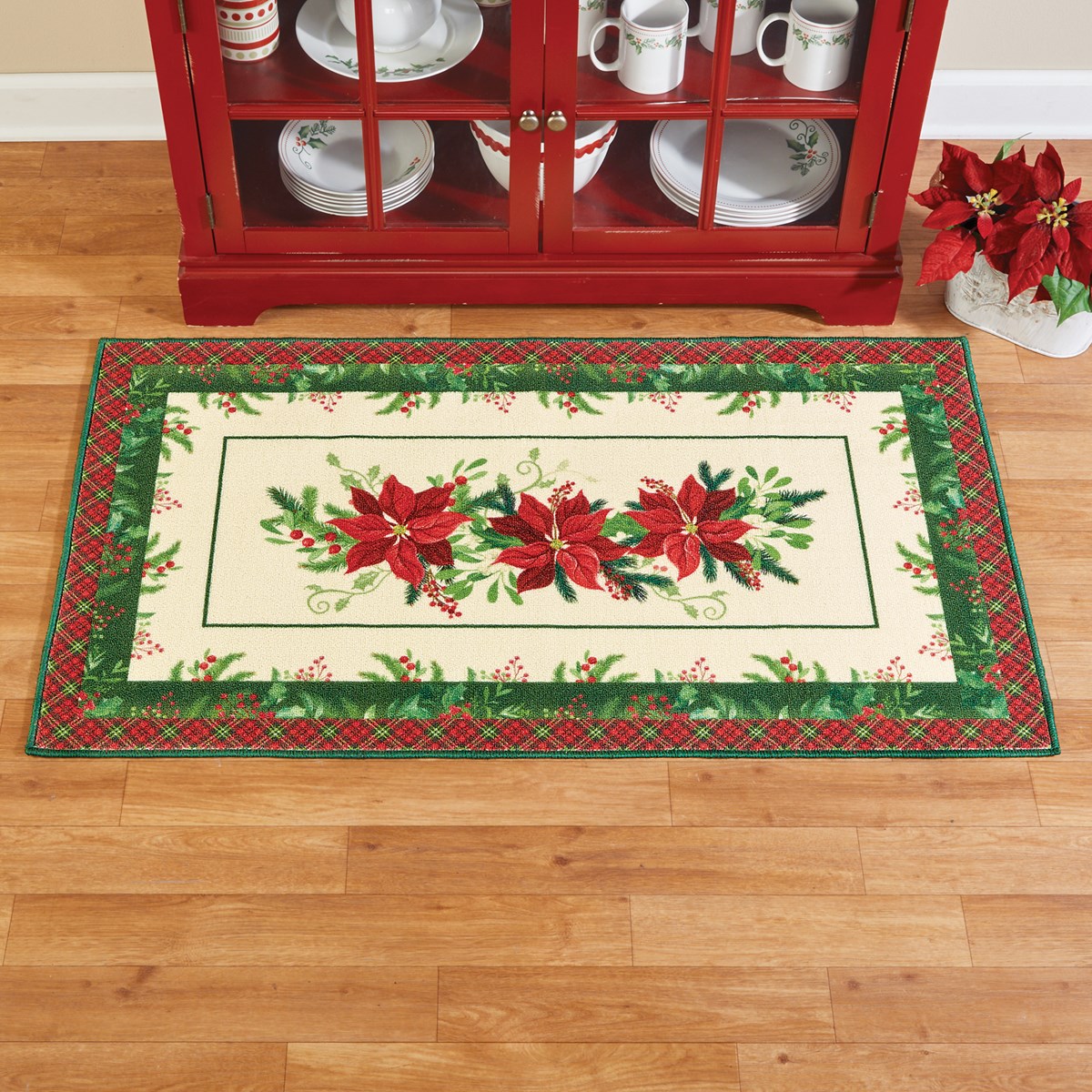 Poinsettia Plaid Border Skid-Resistant Accent Rug | Collections Etc.