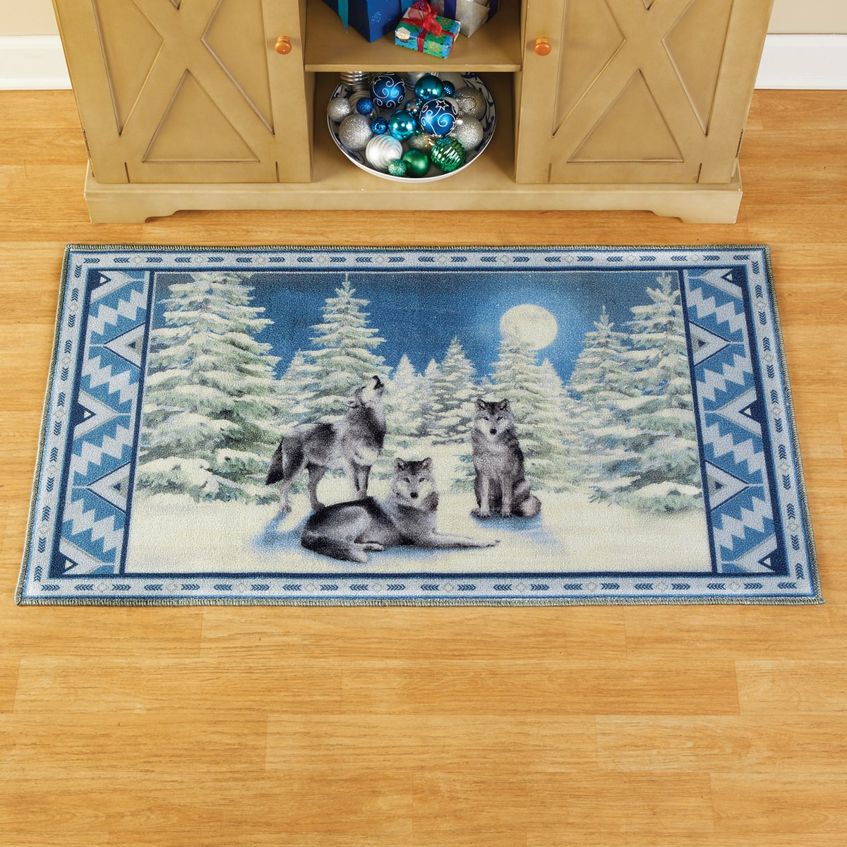 Woodland Wolf Blue Aztec Border Accent Rug | Collections Etc.