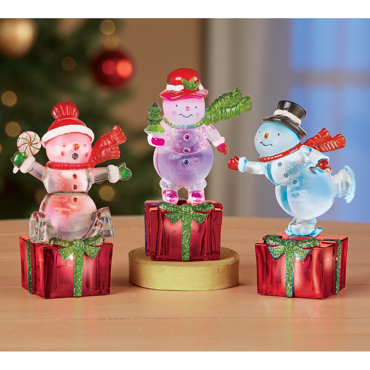 Set of 3 Lighted Snowmen on Presents Figurines | Collections Etc.