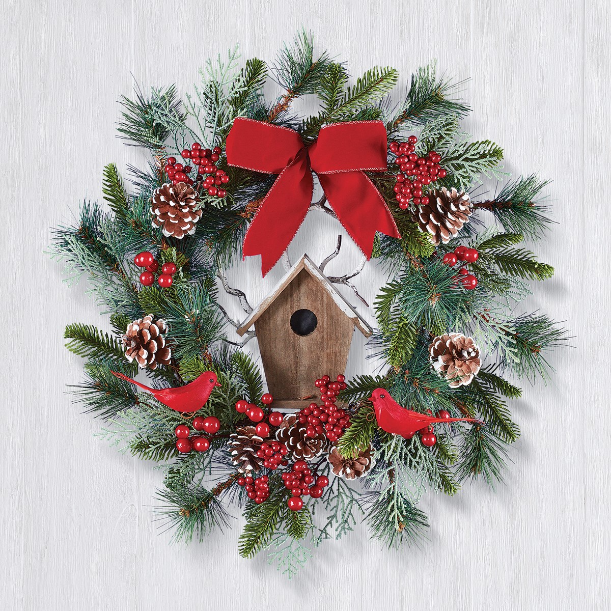 Cardinal Birdhouse Holiday Wreath with Bow, 18"Diameter | Collections Etc.
