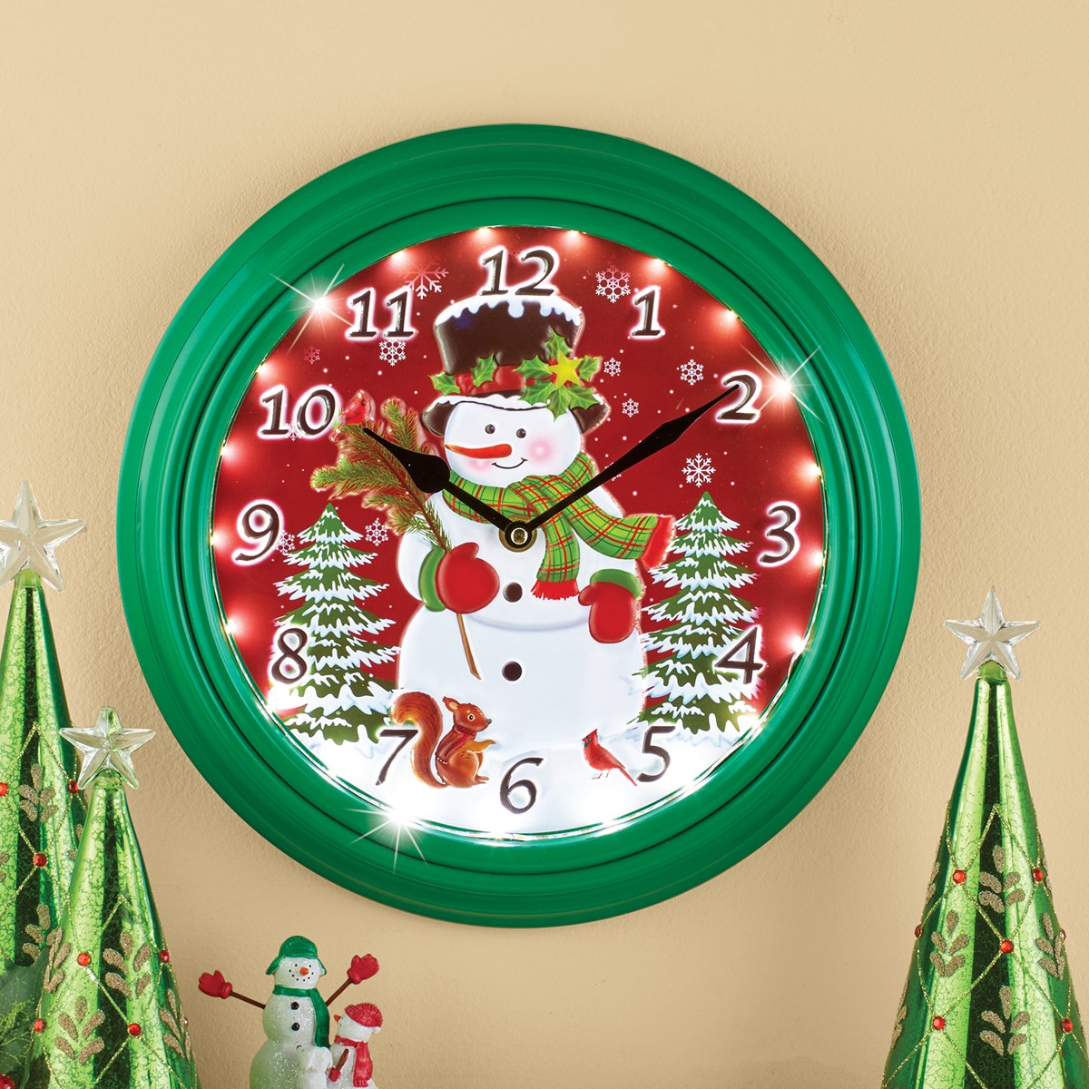 Festive Snowman & Pine Trees Lighted Holiday Clock | Collections Etc.