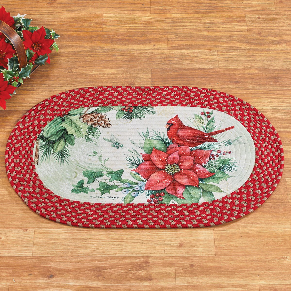 Festive Cardinal and Poinsettia Braided Accent Rug | Collections Etc.