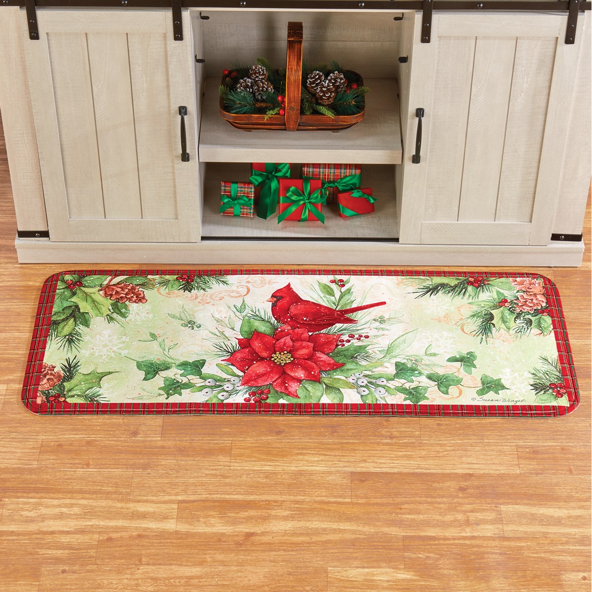 Festive Cardinal and Poinsettia Kitchen Runner Rug | Collections Etc.