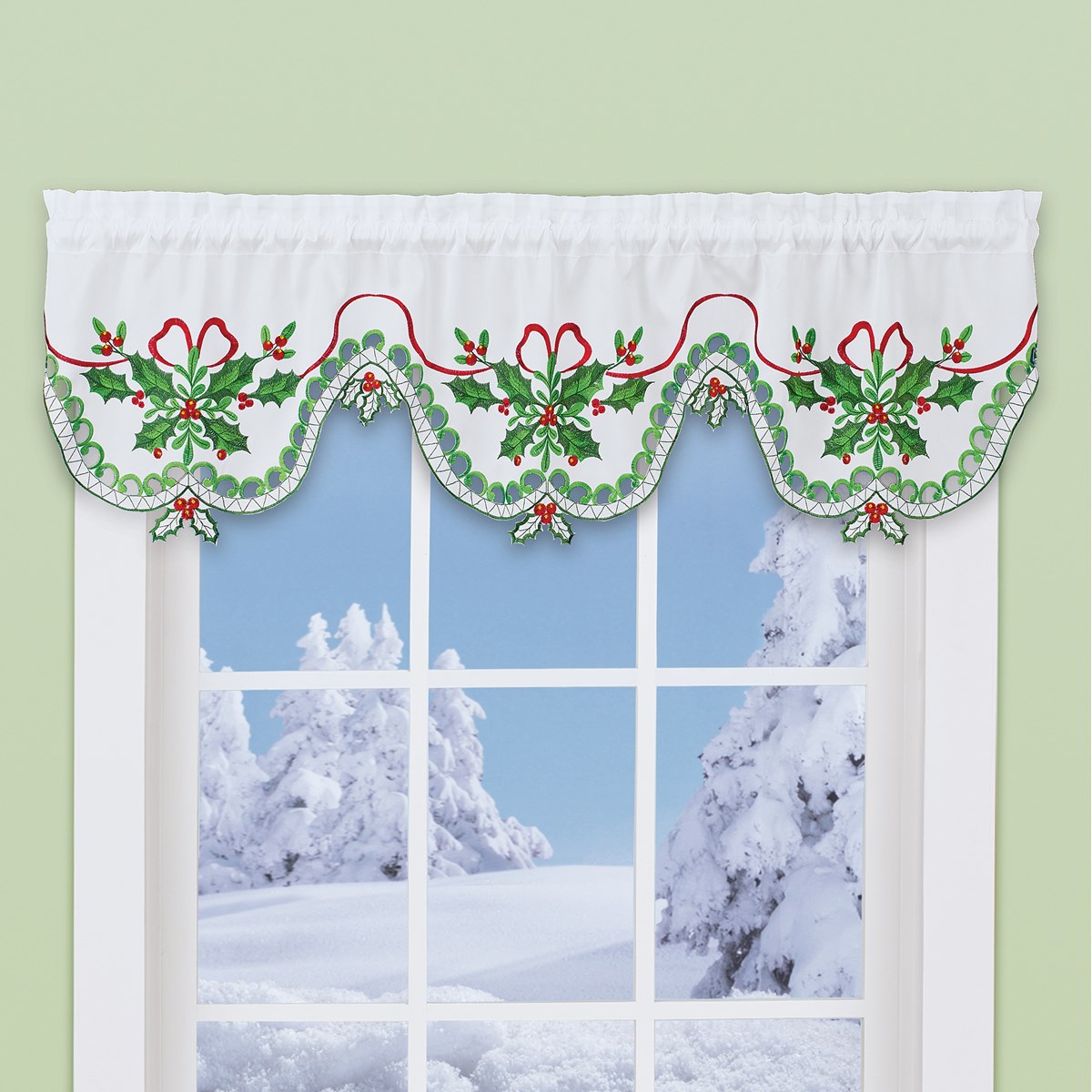 Beautiful Embroidered Holly Cutwork Window Valance | Collections Etc.