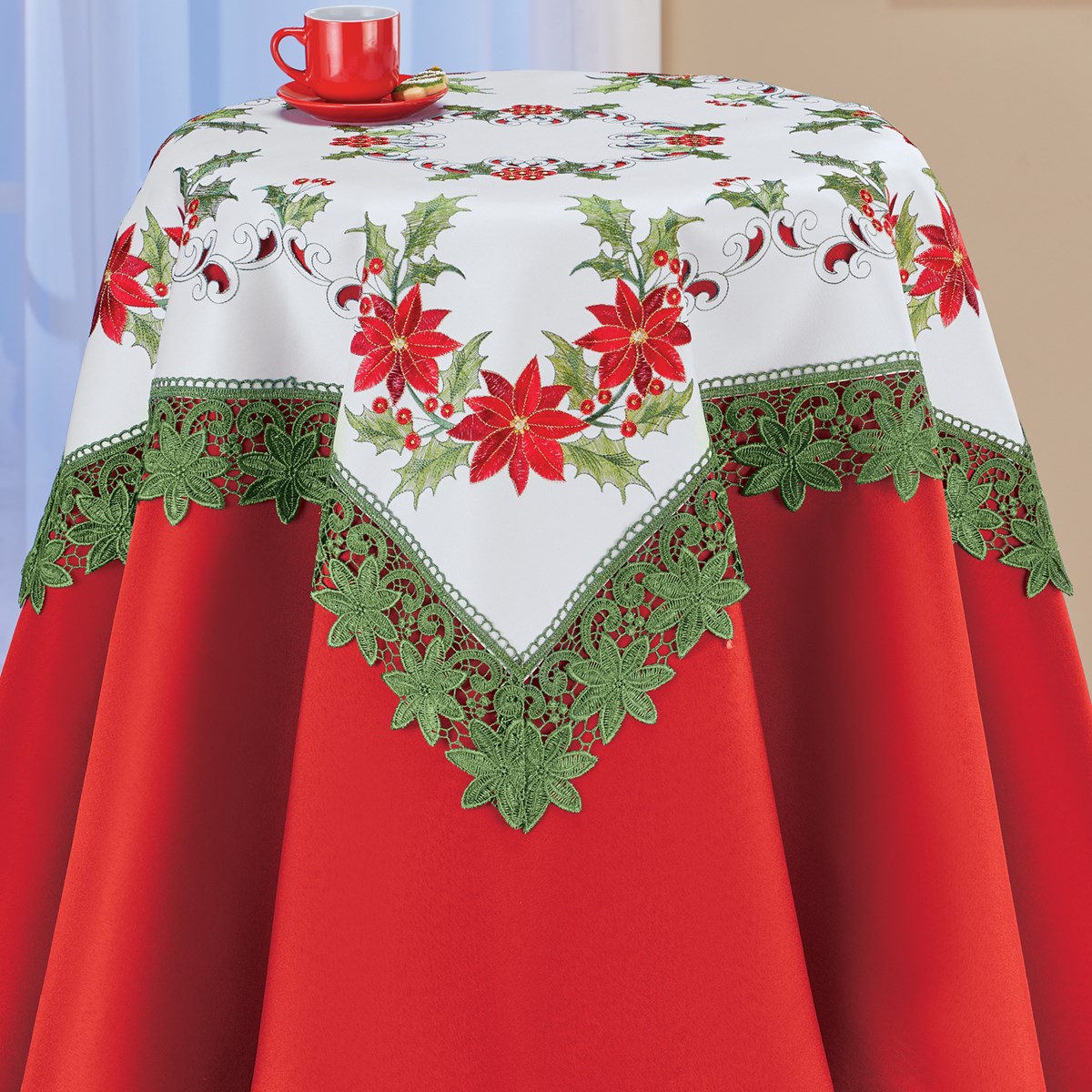 Poinsettia & Green Lace Holiday Table Linens | Collections Etc.