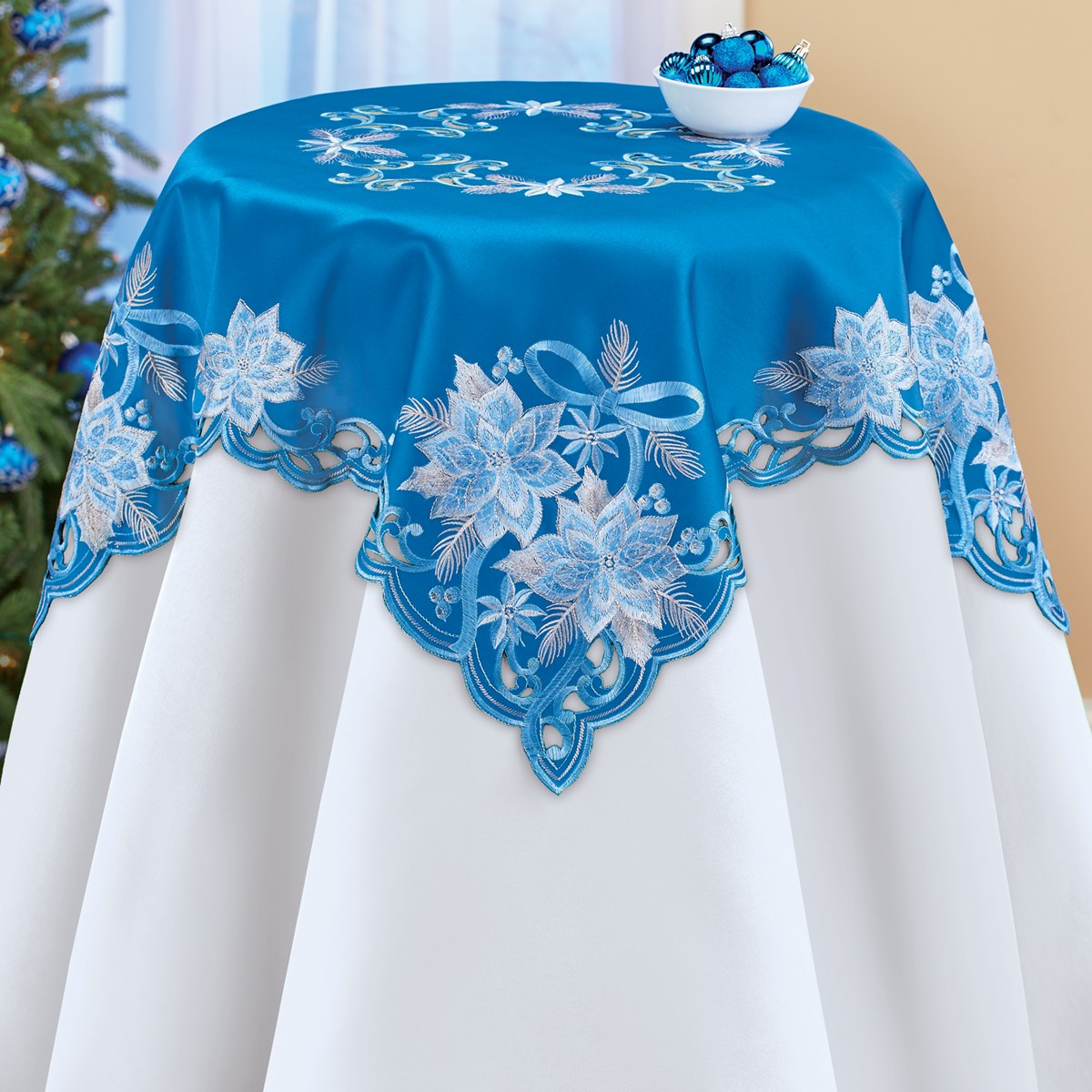 Blue & Silver Poinsettia & Bow Embroidered Table Linens | Collections Etc.