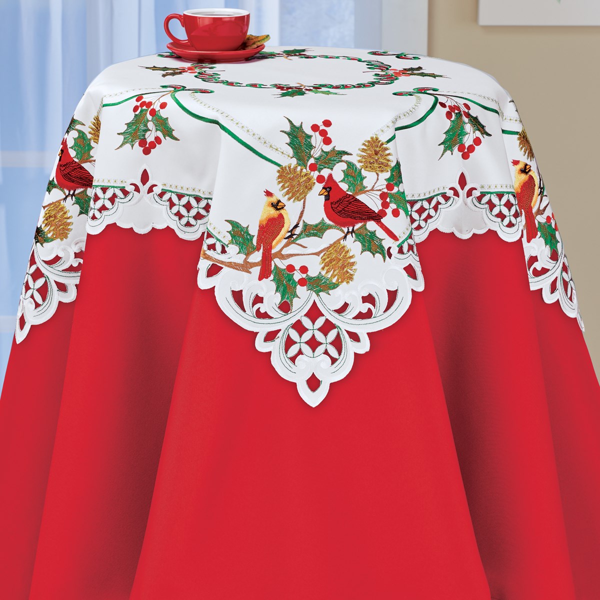 Embroidered Cardinals on Holly Branch Table Linens | Collections Etc.