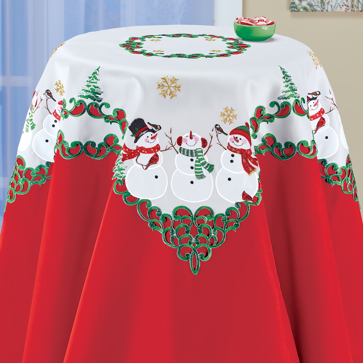 Winter Snowman & Snowflakes Cutwork Table Linens | Collections Etc.