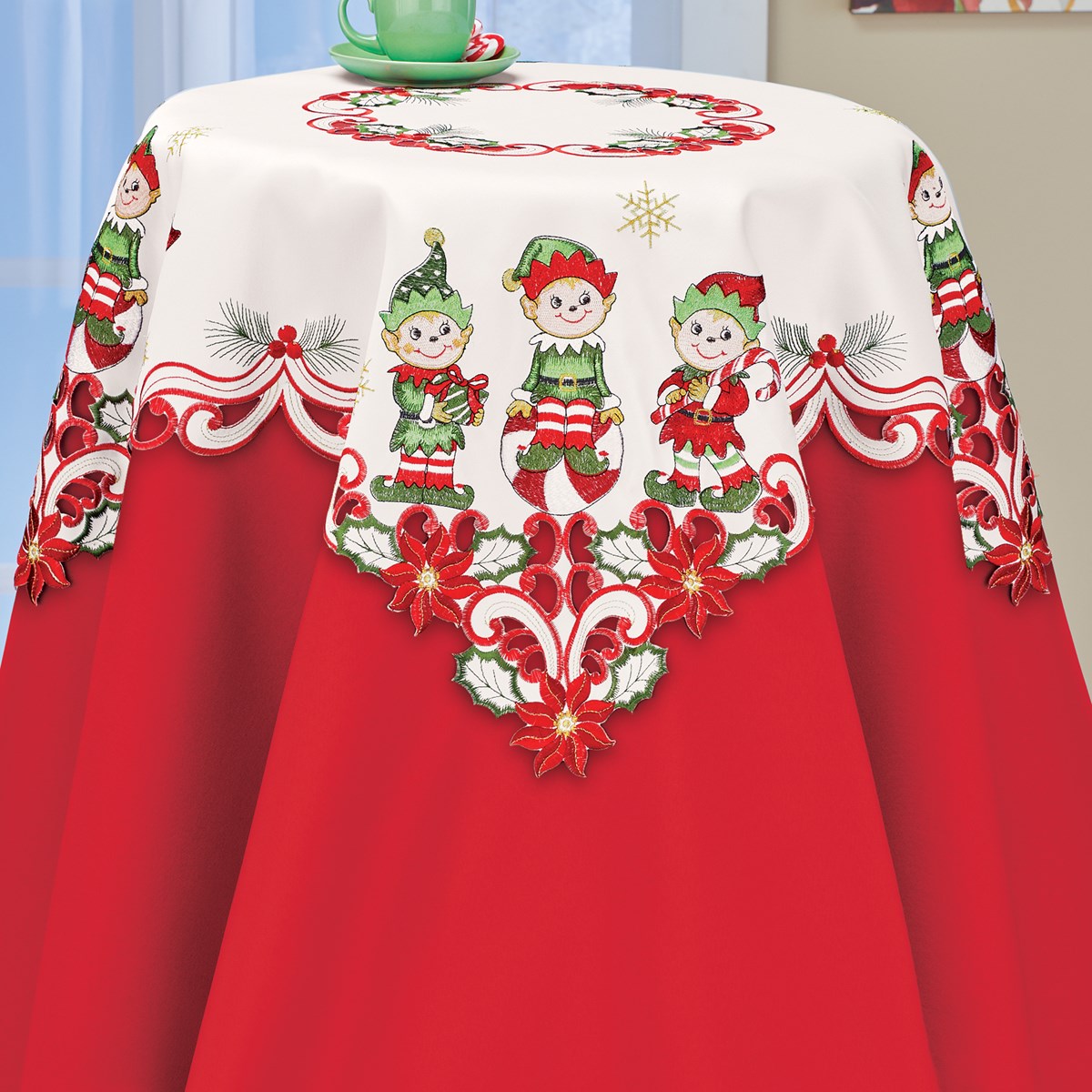 Embroidered Christmas Elves Table Linens | Collections Etc.