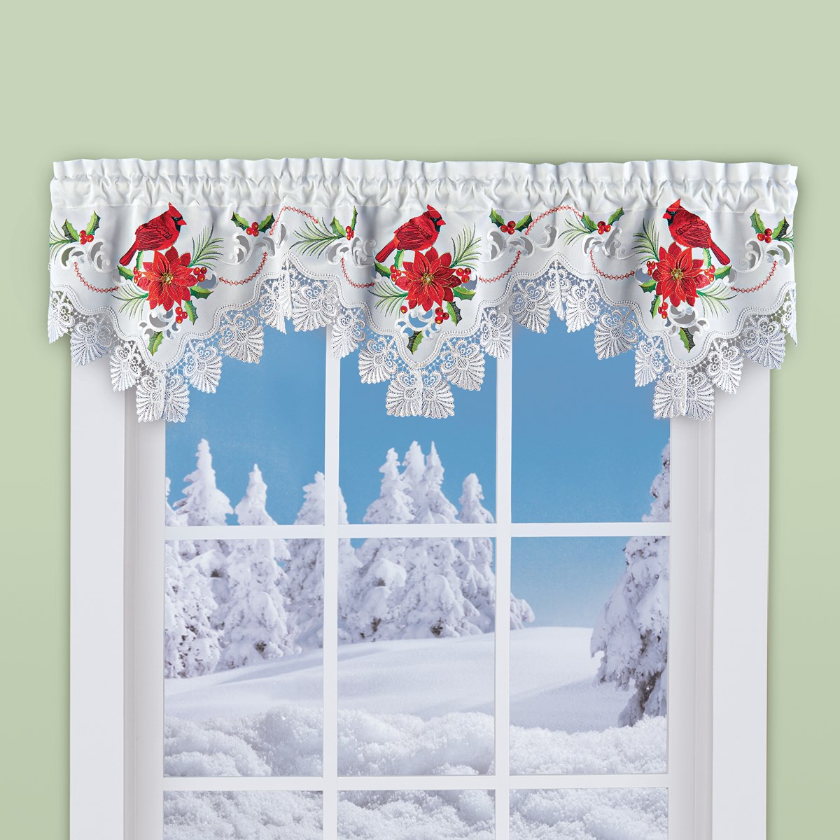 Holiday Cardinal & Poinsettia Lace Window Valance | Collections Etc.
