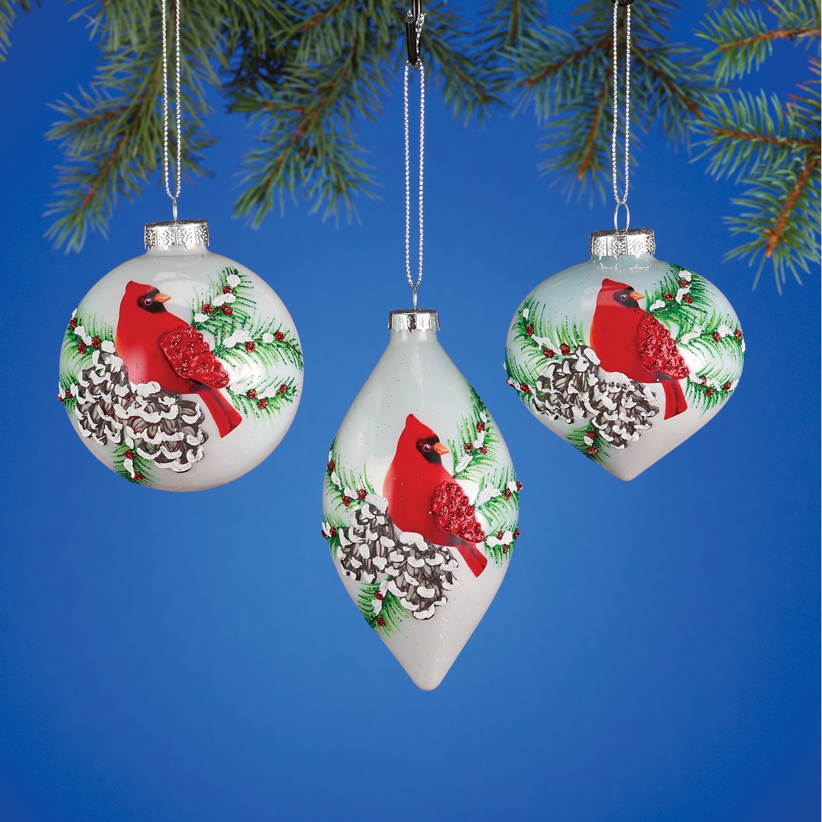 Set of 3 Glass Cardinal Christmas Ornaments Set | Collections Etc.