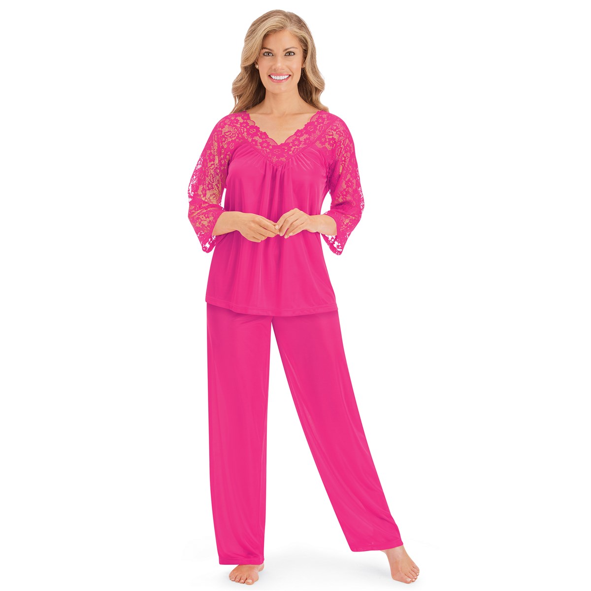 Silky Lace Trim Pajama Set with 3/4 Sleeves | Collections Etc.