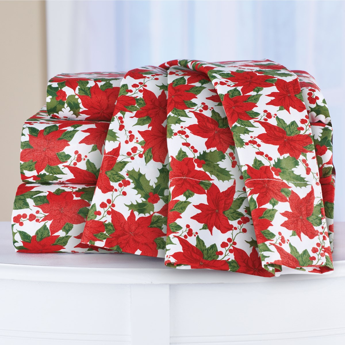 Poinsettia Holly Bedsheets and Pillowcases Set | Collections Etc.