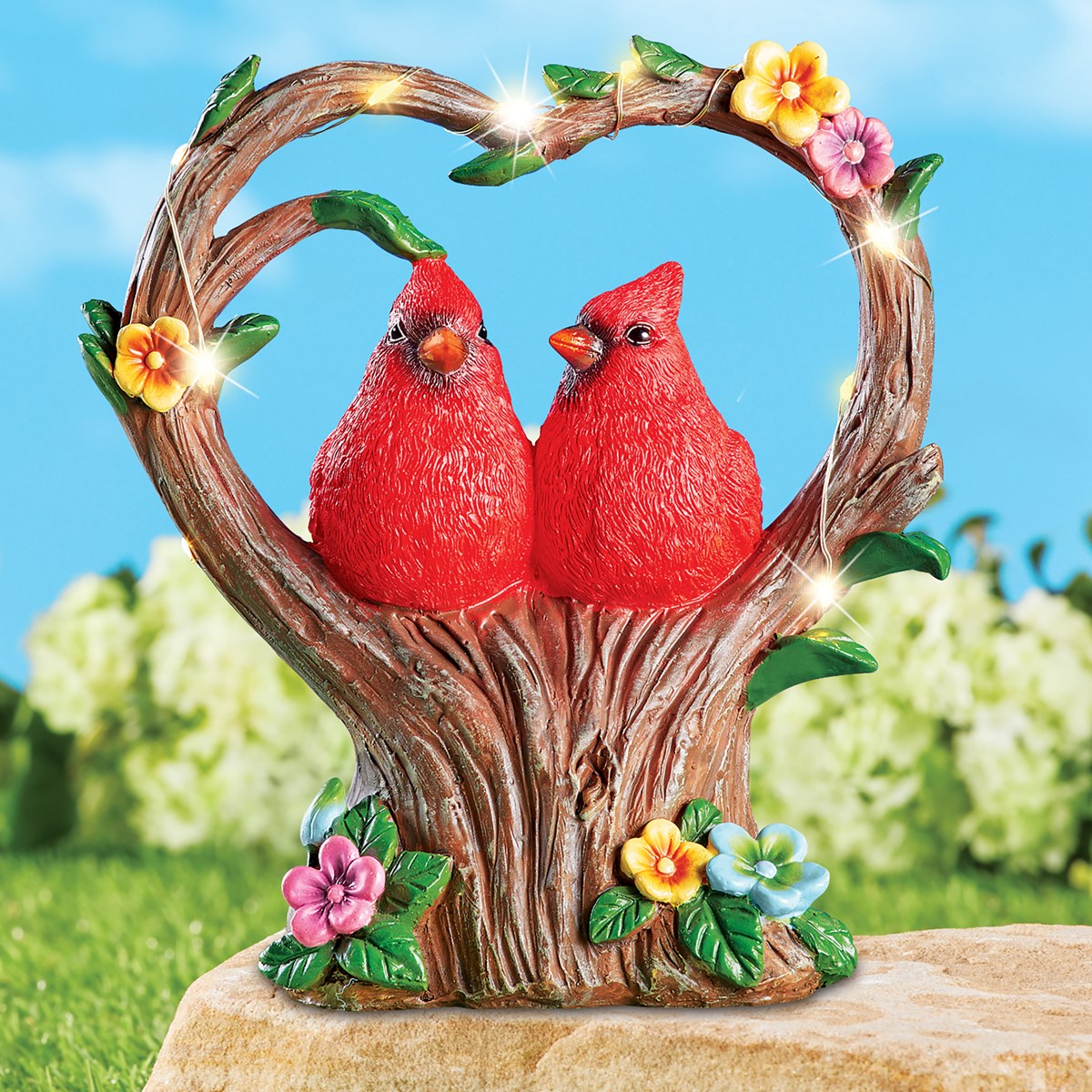 Hand-Painted Cardinals in Solar Powered Heart Outdoor Statue ...