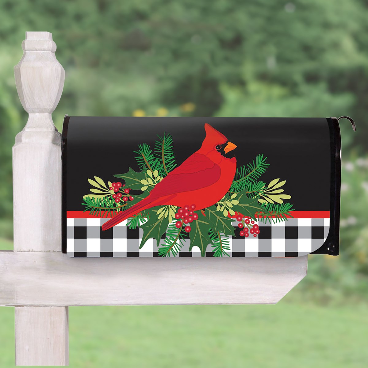 Holiday Cardinal Plaid Border Mailbox Cover | Collections Etc.