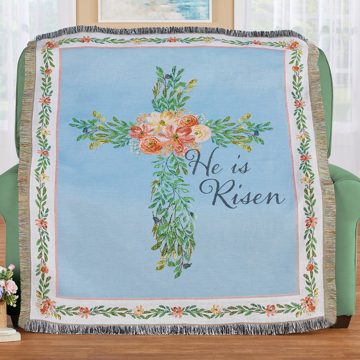 He is Risen Floral Cross Tapestry Throw Blanket | Collections Etc.