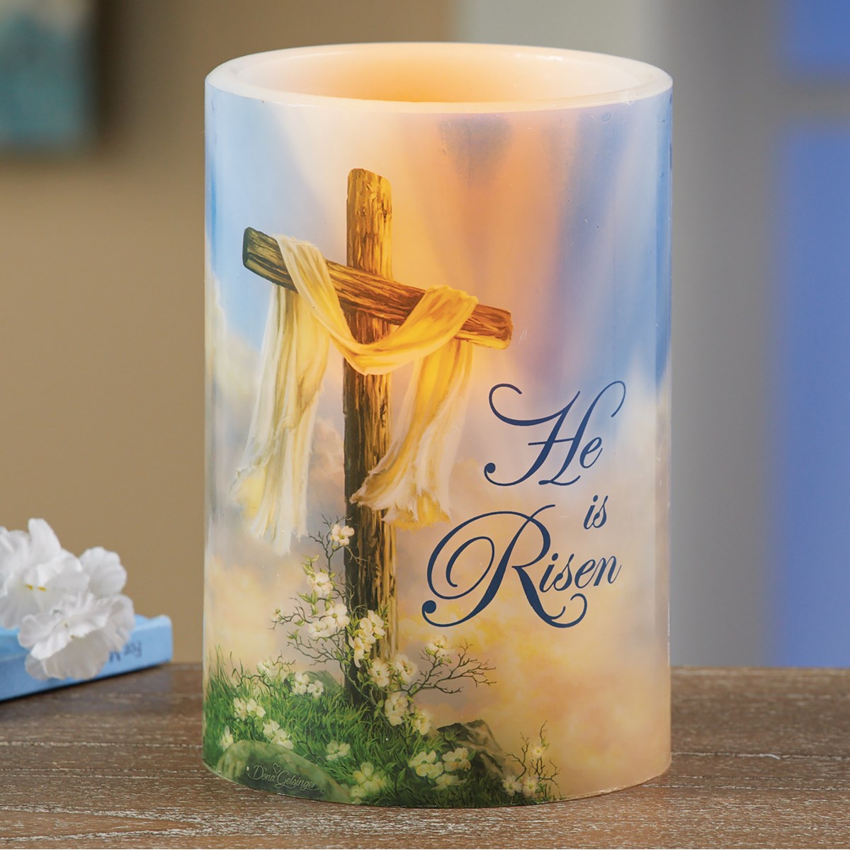 LED Lighted He is Risen Printed Candle | Collections Etc.