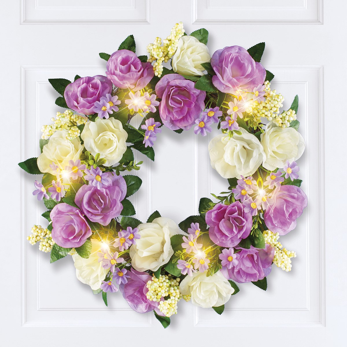 LED Lighted Purple and White Roses Hanging Wreath | Collections Etc.