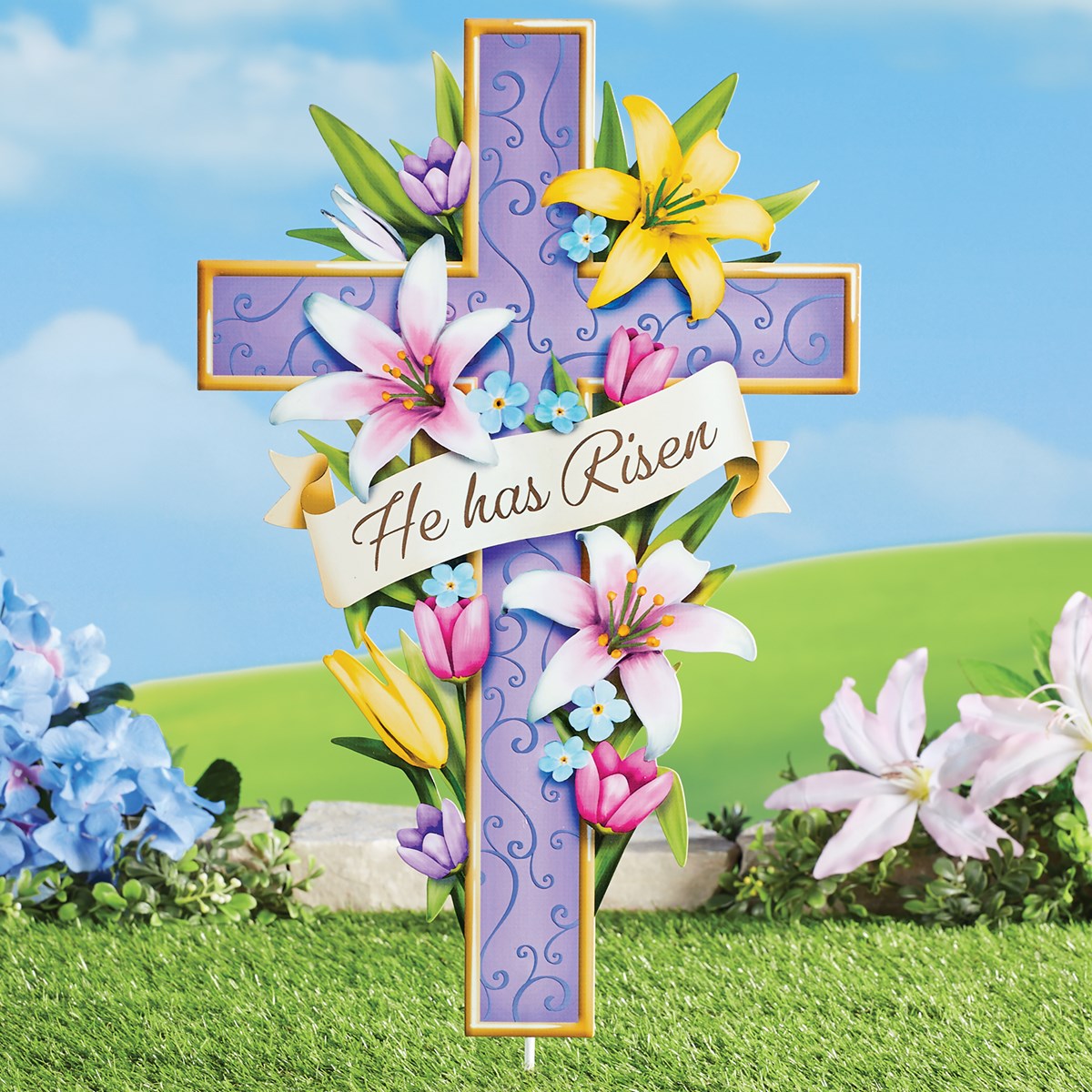 He Has Risen Floral Cross Outdoor Garden Stake | Collections Etc.