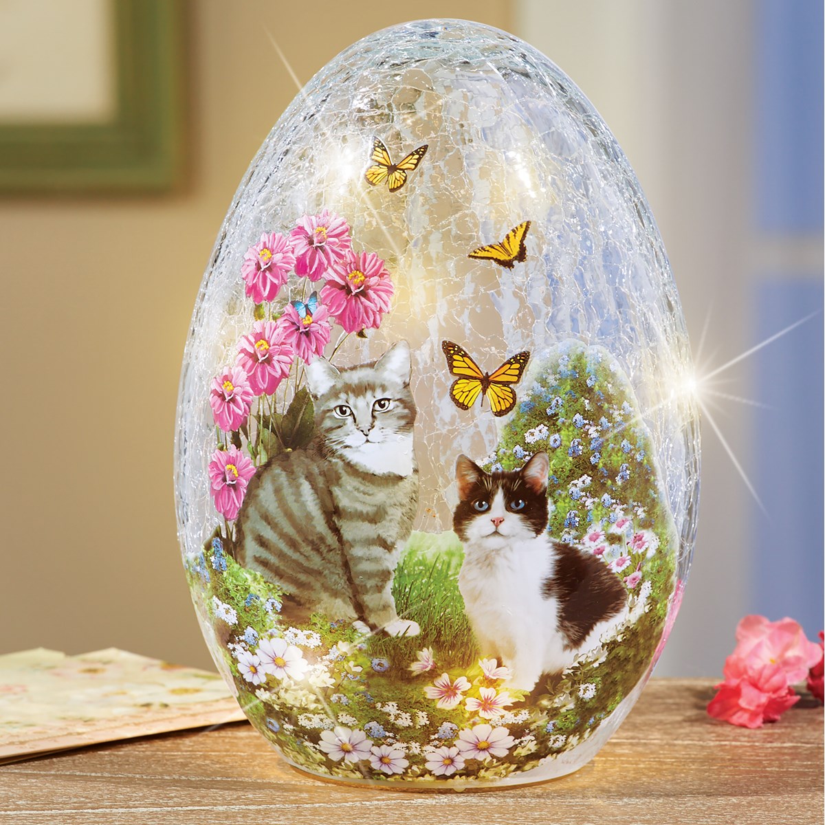 LED Lighted Garden Cats Glass Egg Lamp | Collections Etc.