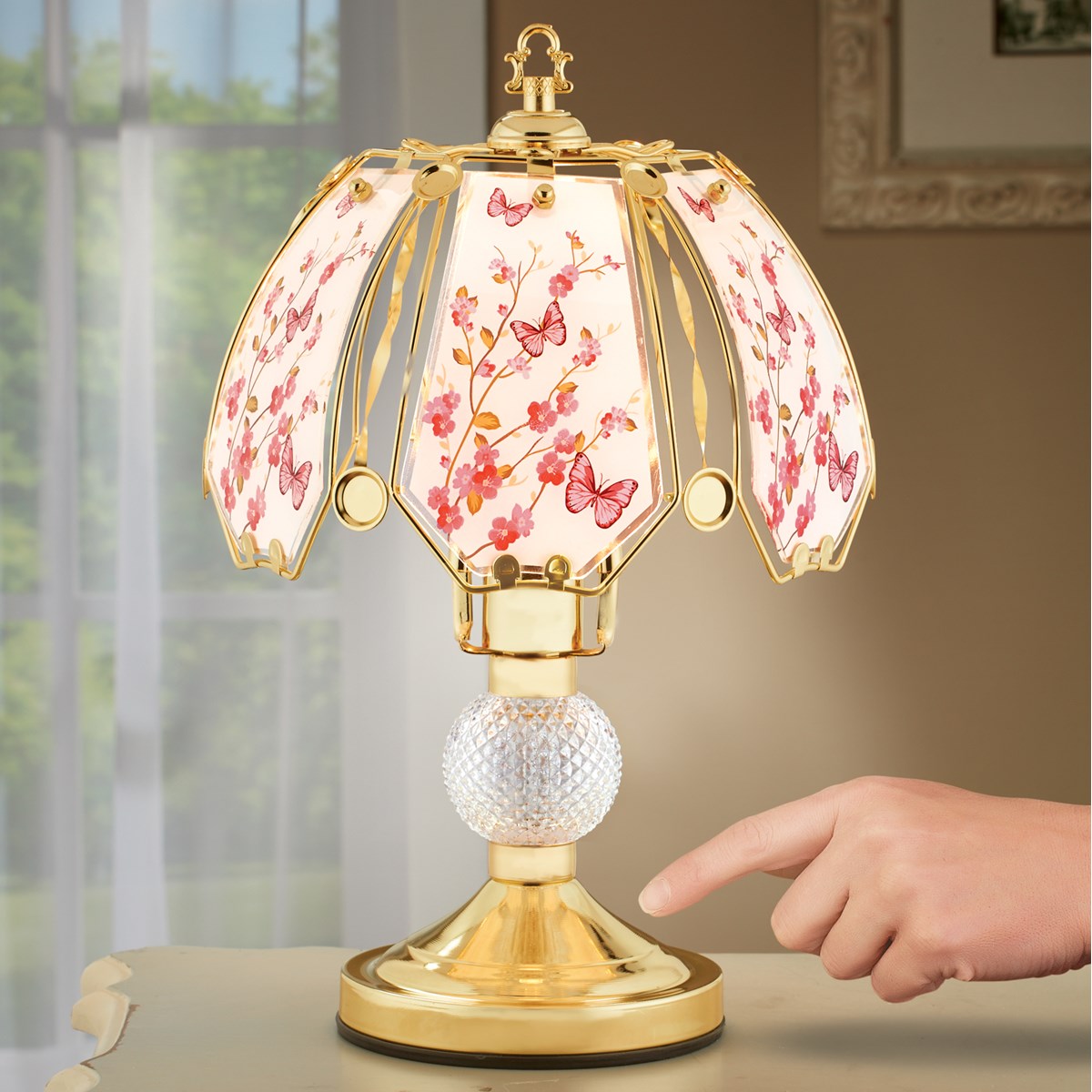 Cherry Blossom and Butterfly Gold-Tone Touch Lamp | Collections Etc.