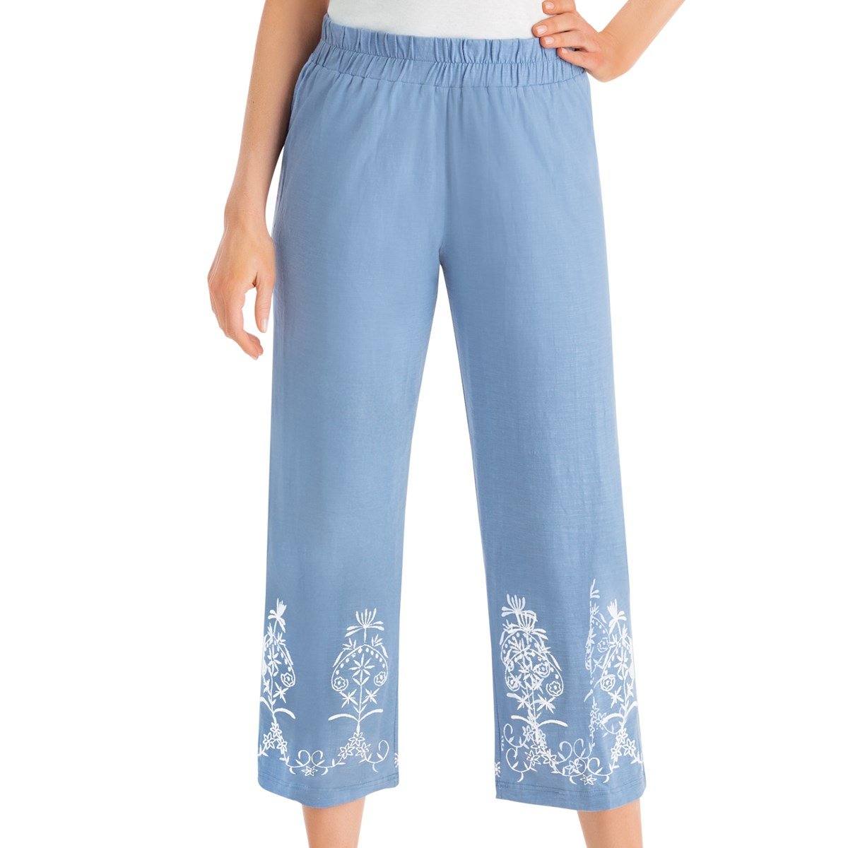 White Floral Embroidered Knit Capri Pants | Collections Etc.