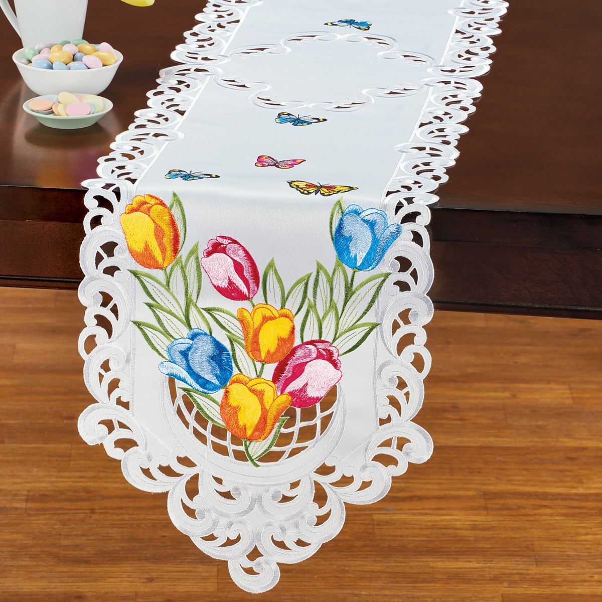 Colorful Tulips and Butterflies Embroidered Table Linens | Collections Etc.