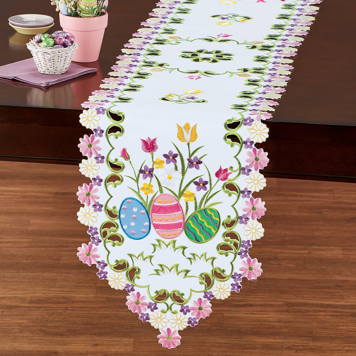 Embroidered Easter Eggs Floral Table Linens | Collections Etc.