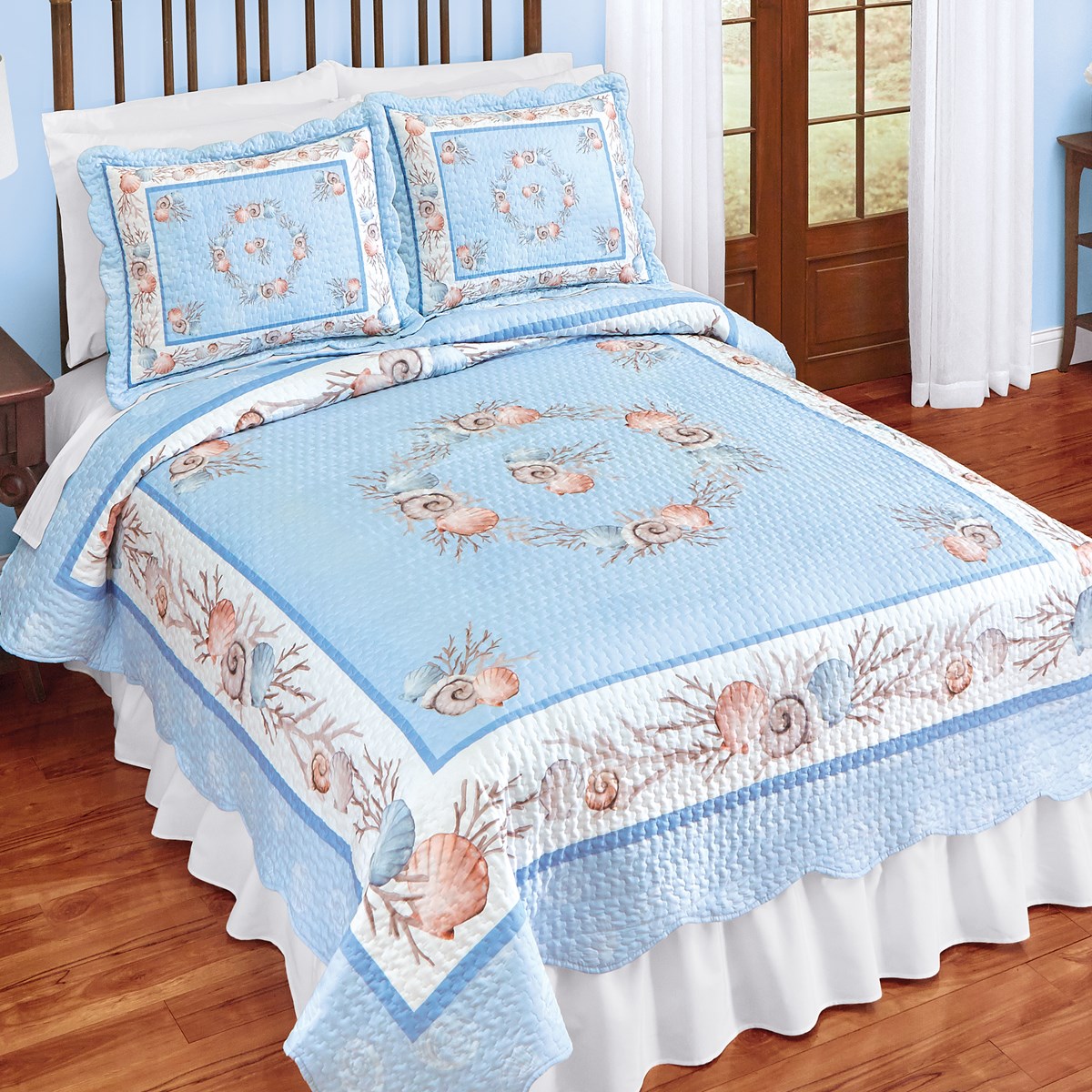 Coastal Seashells & Coral Scalloped Edge Reversible Quilt | Collections ...