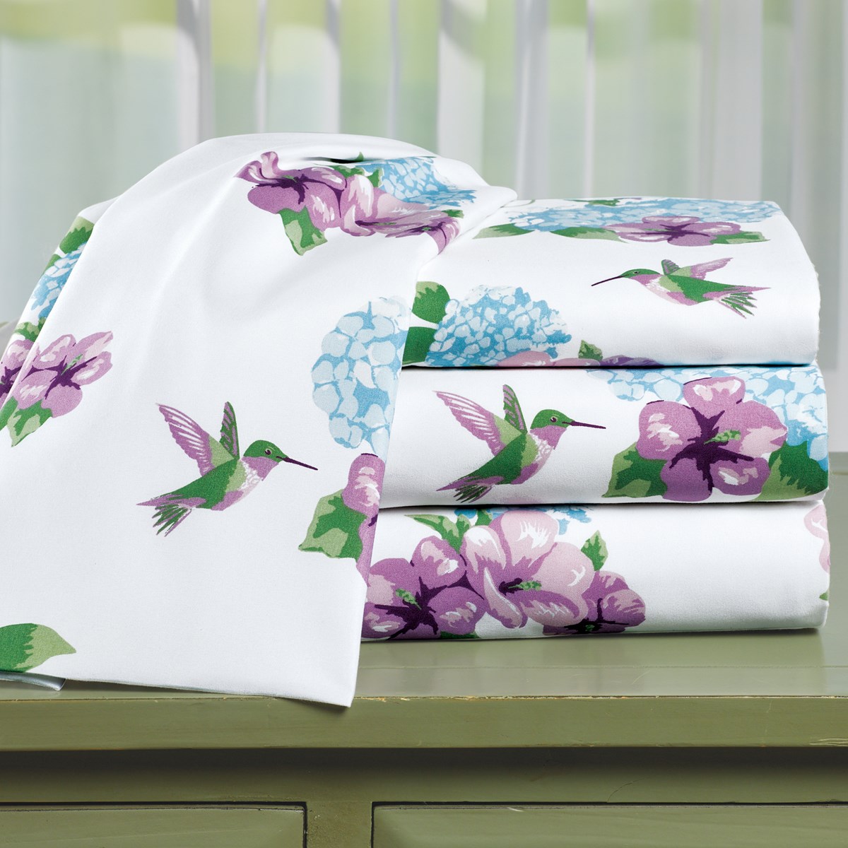 Humming Bird Floral 4-Piece White Sheet Set | Collections Etc.