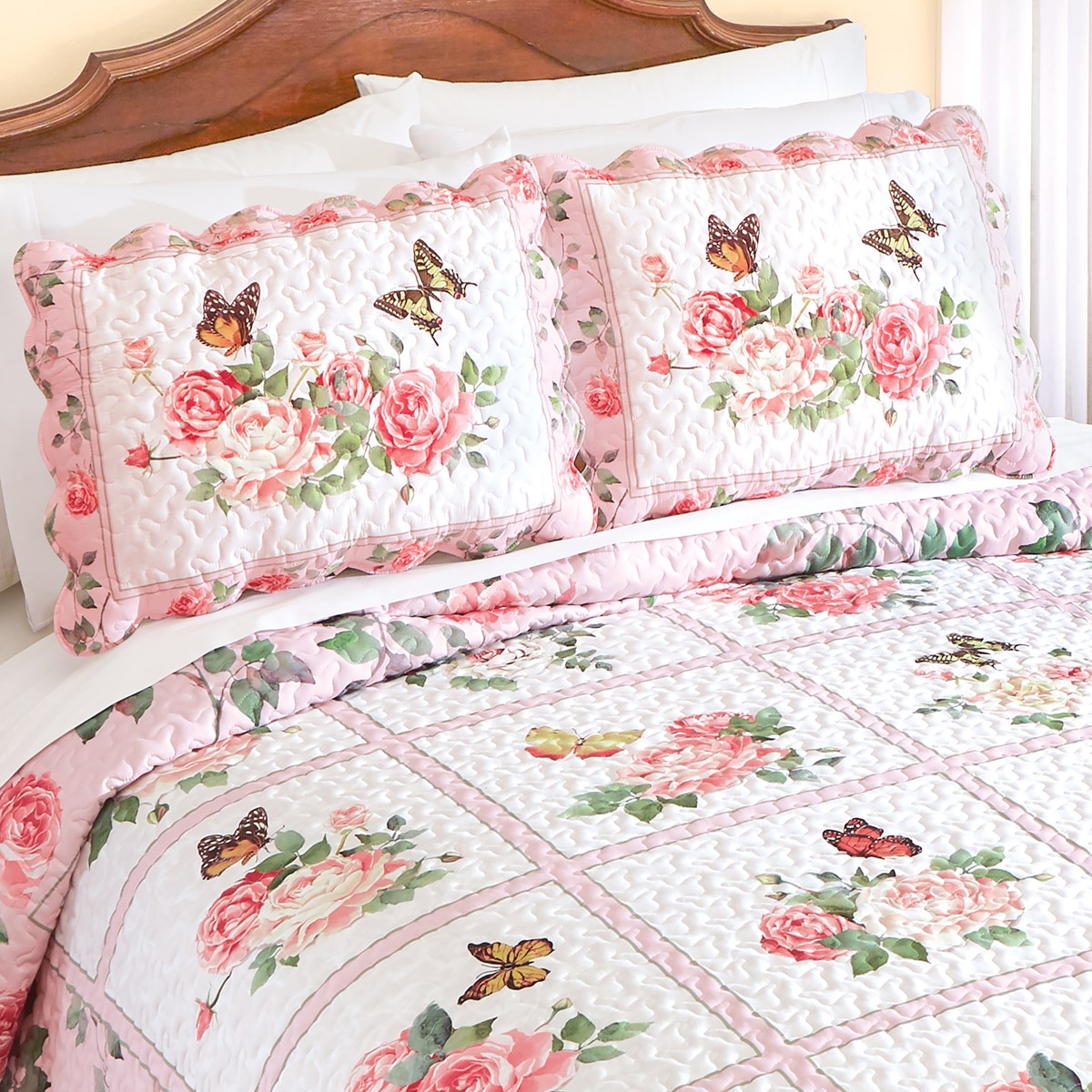 Patchwork Rose and Butterfly Scalloped Edge Pillow Sham Set | Collections Etc.
