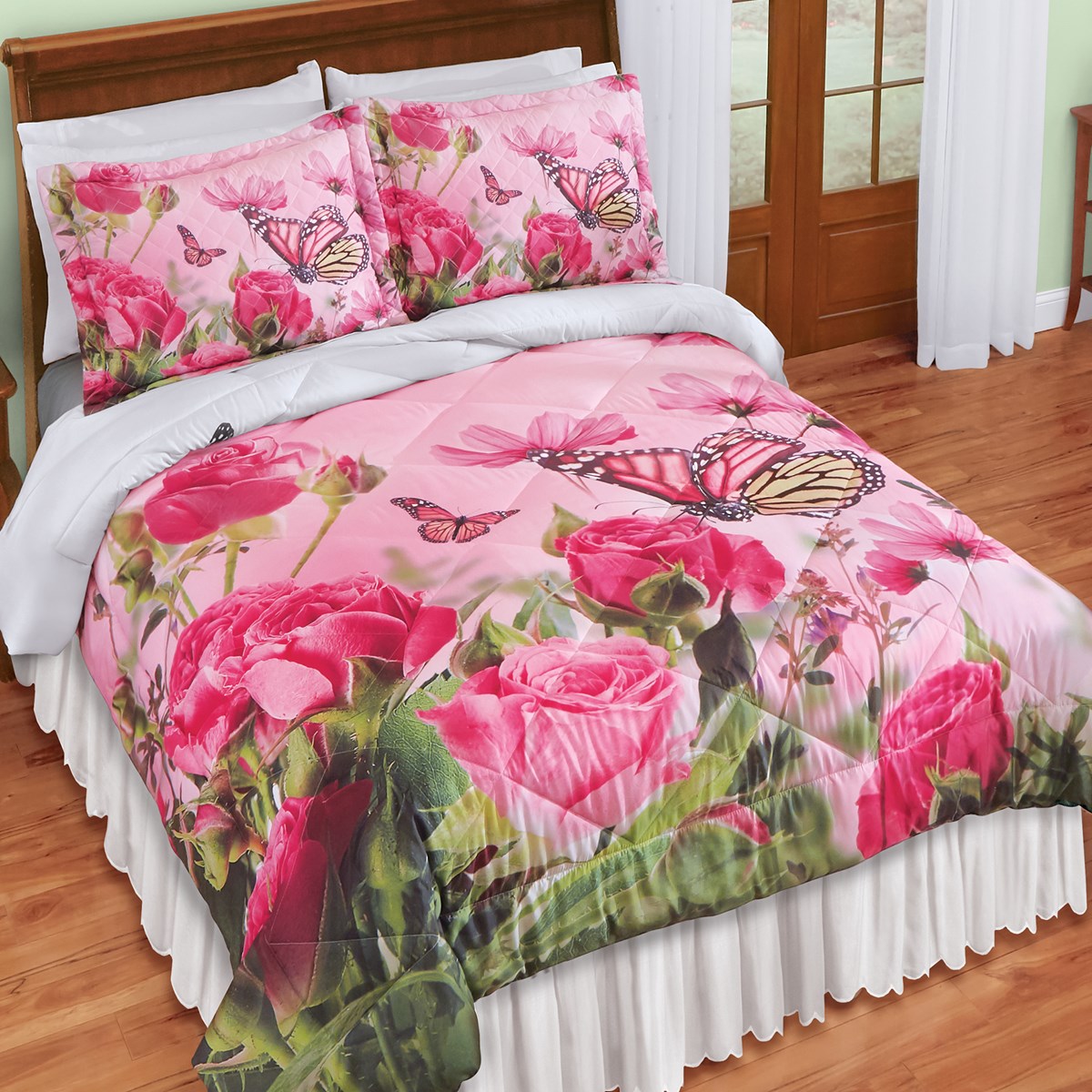 3-Piece Butterfly Roses Quilted Comforter Set | Collections Etc.