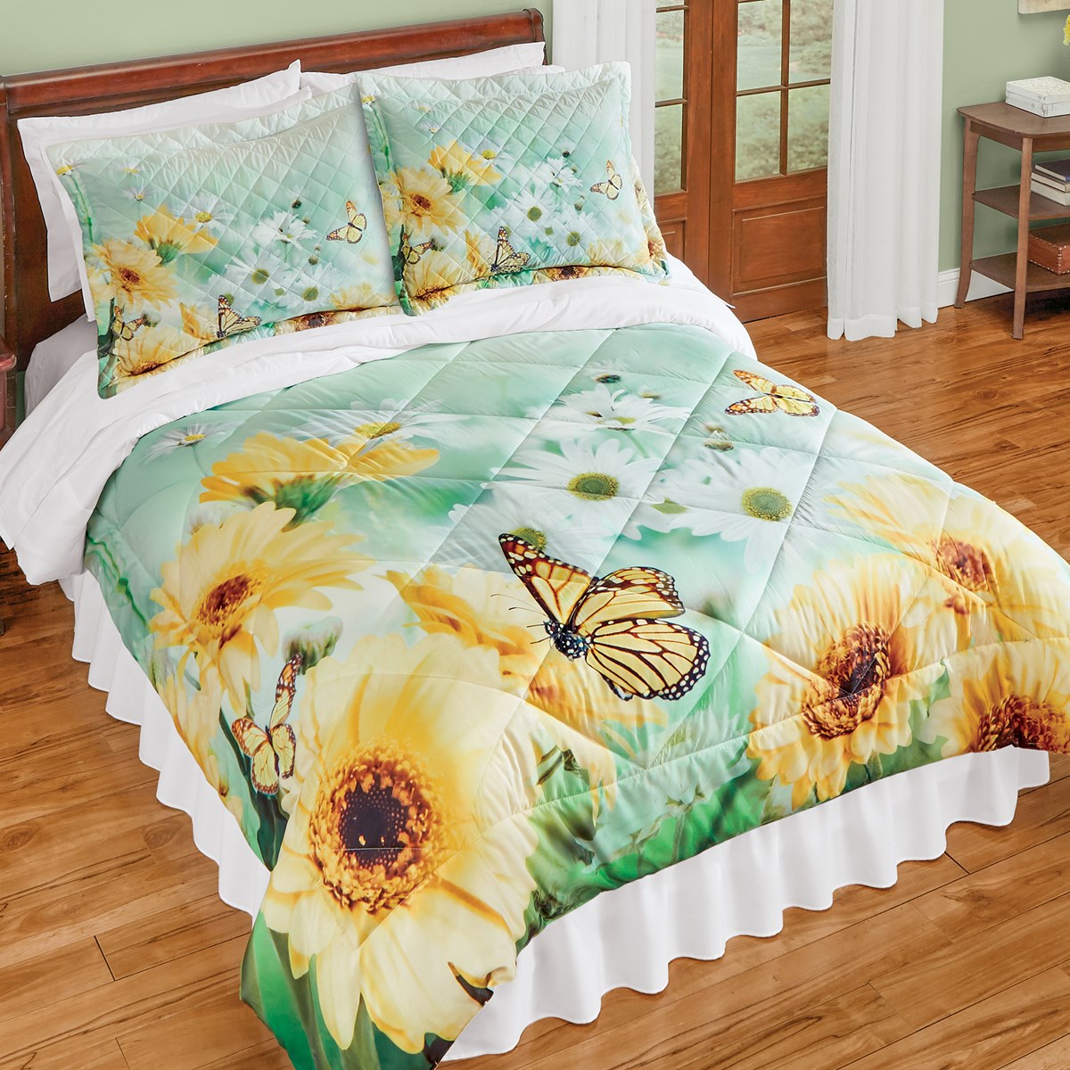 Printed Butterfly and Daisy 3-Piece Comforter Set | Collections Etc.