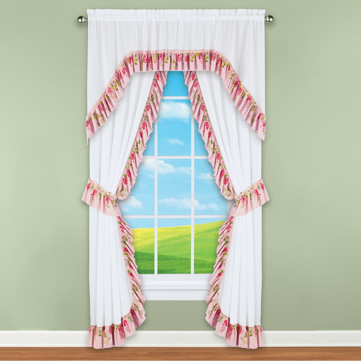 Floral Rose Ruffled Border Drapes and Valance Set | Collections Etc.