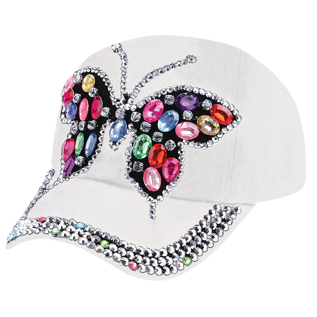 Rhinestone Butterfly White Twill Cotton Baseball Cap | Collections Etc.