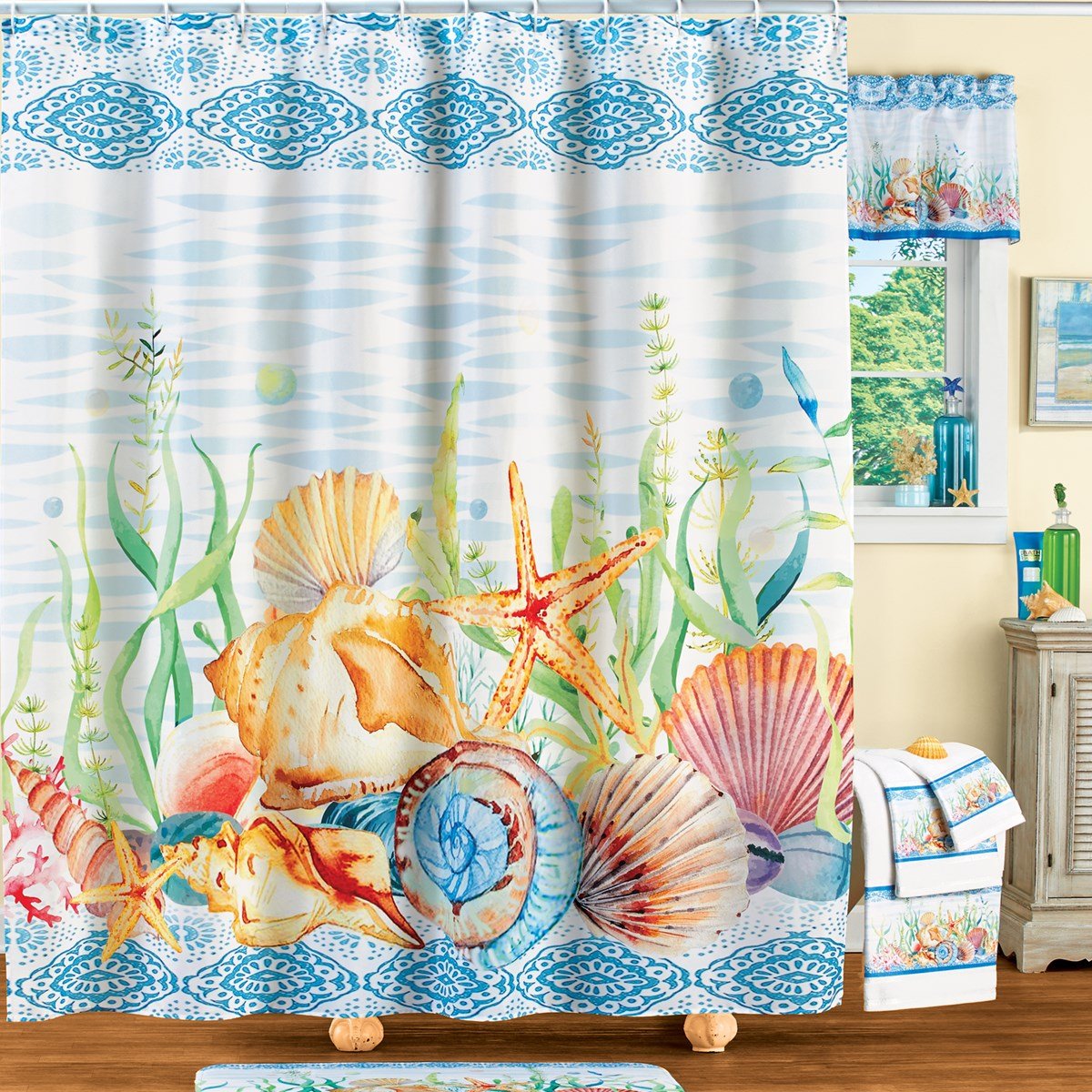 Coastal Seashell and Starfish Shower Curtain with 12 Hooks ...