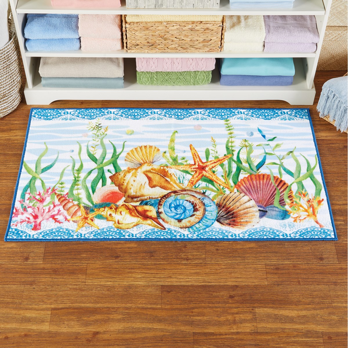 Coastal Seashell and Starfish Skid-Resistant Accent Rug | Collections Etc.