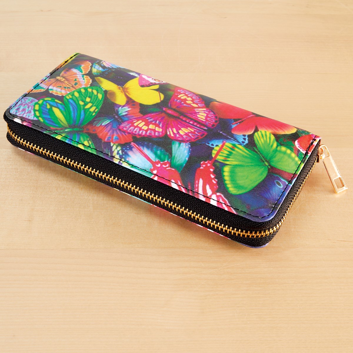 Colorful Butterfly Print Faux Leather Zippered Wallet | Collections Etc.