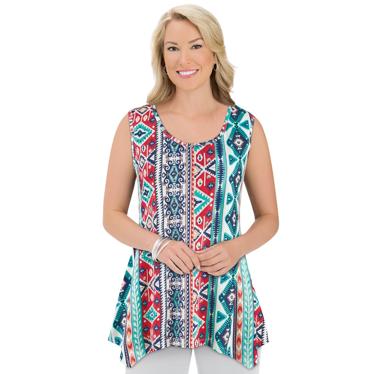 Aztec Stripe Sequin Accented Sleeveless Sharkbite Tunic | Collections Etc.