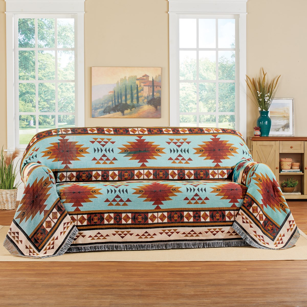 Southwest Aztec Fringe Border Tapestry Furniture Throw | Collections Etc.