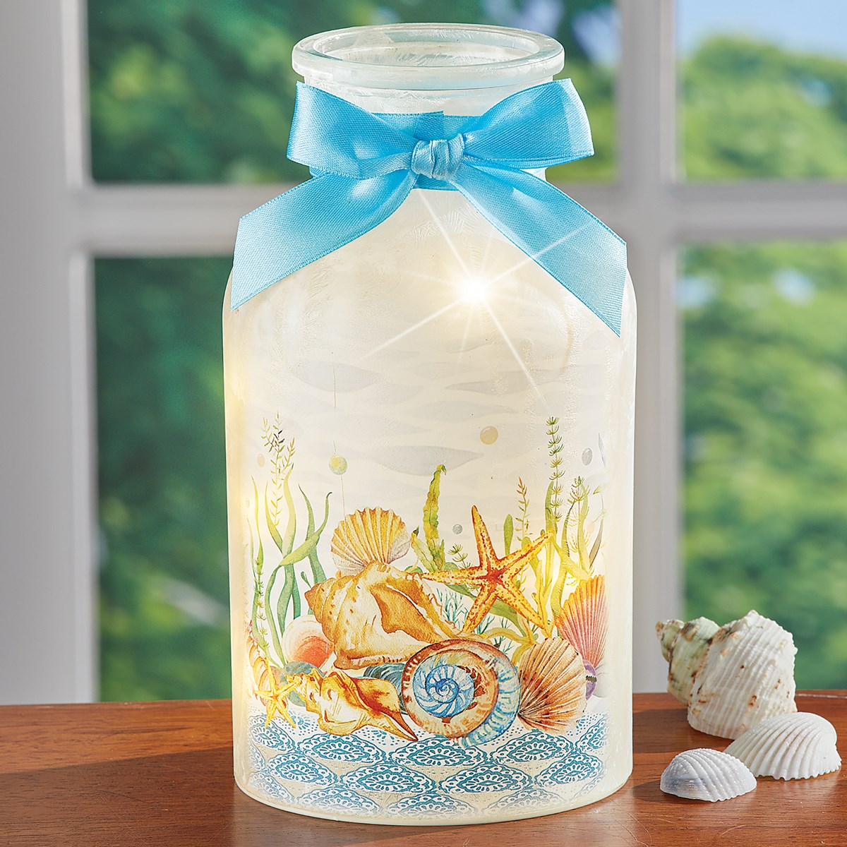 Coastal Seashell LED Lighted Mason Jar Lamp | Collections Etc.