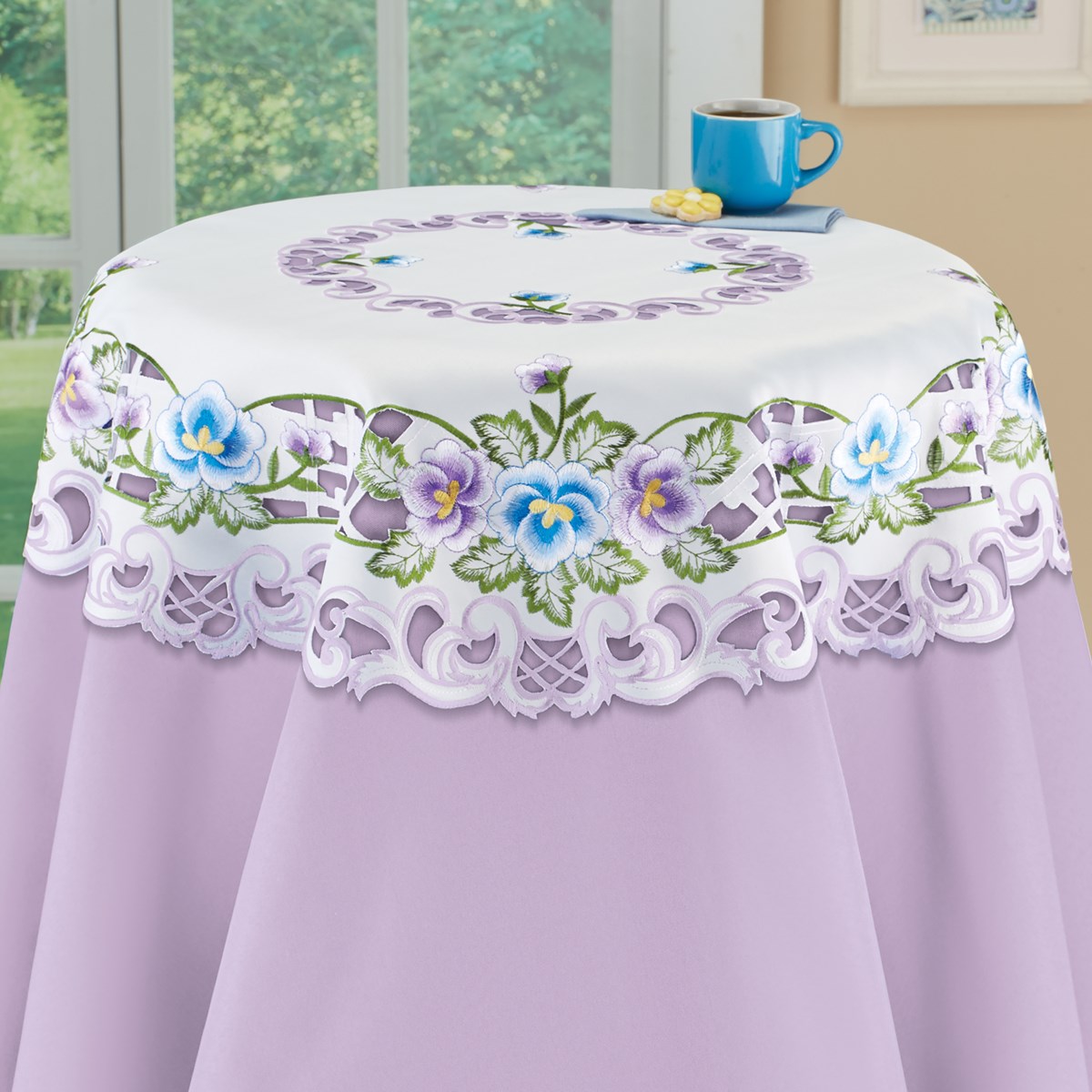 Embroidered Pansies Round Table Linens | Collections Etc.