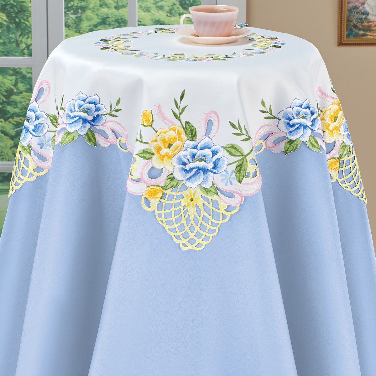 Embroidered Wild Rose Cluster Cut-Work Table Linens | Collections Etc.