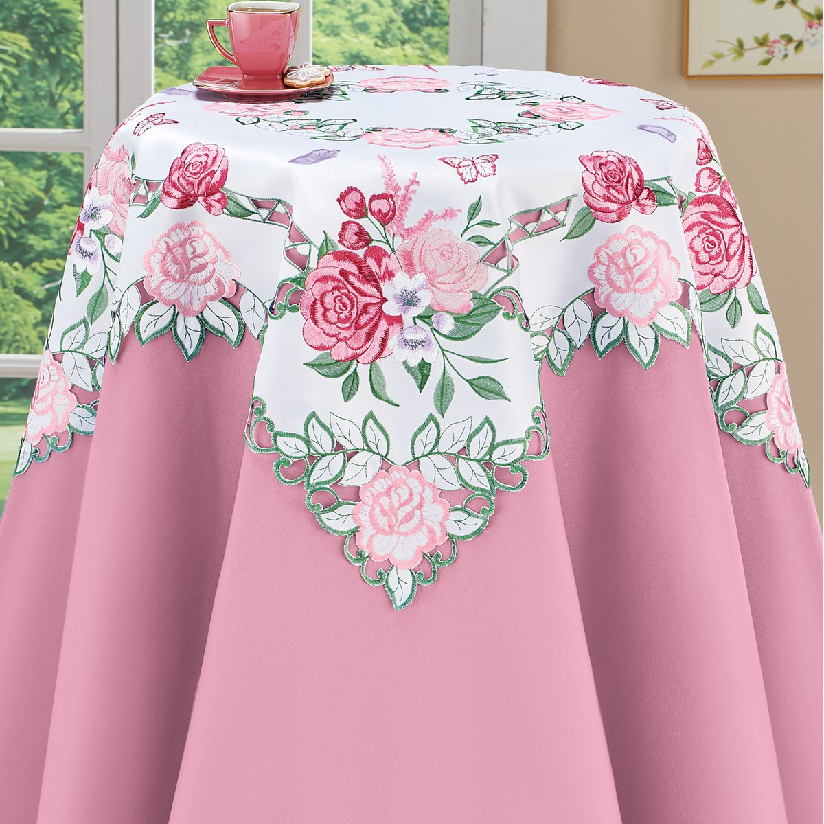 Embroidered Rose Floral Bliss Table Linens | Collections Etc.