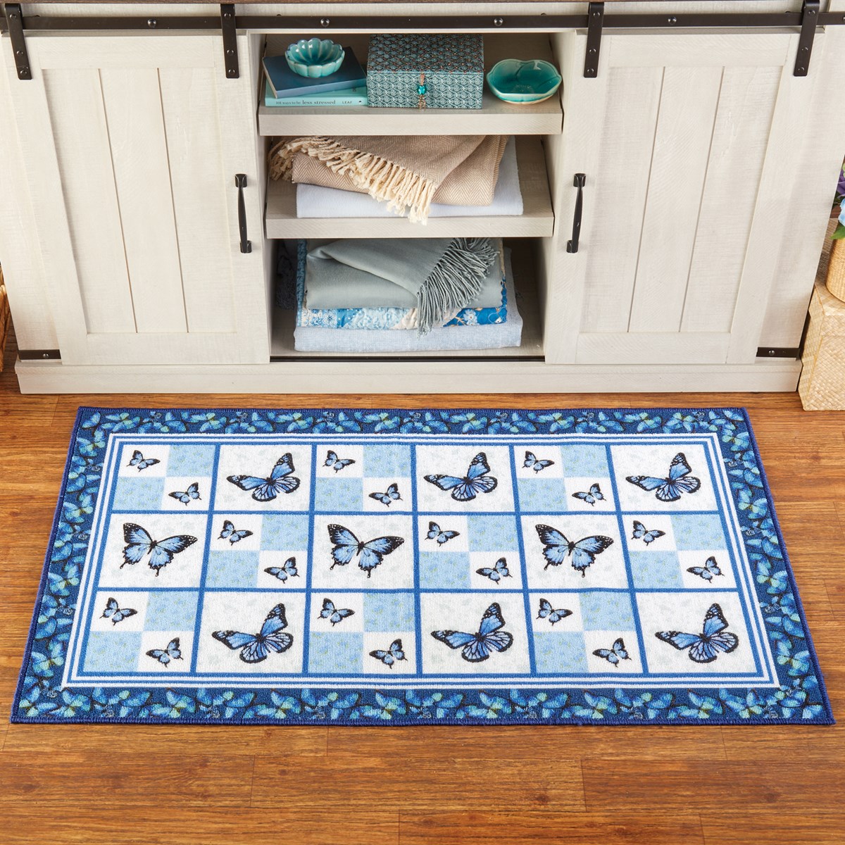 Blue Butterfly Floral Patchwork Accent Rug | Collections Etc.