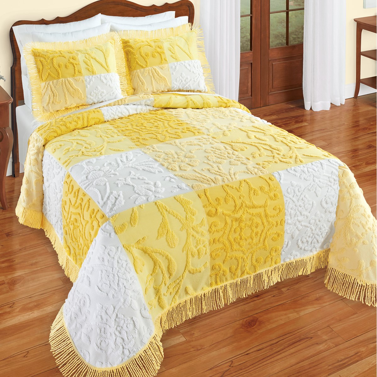 Yellow Patchwork Textured Chenille Bedspread | Collections Etc.